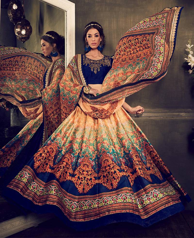 Buy beige and navy blue printed silk ghagra choli Online
